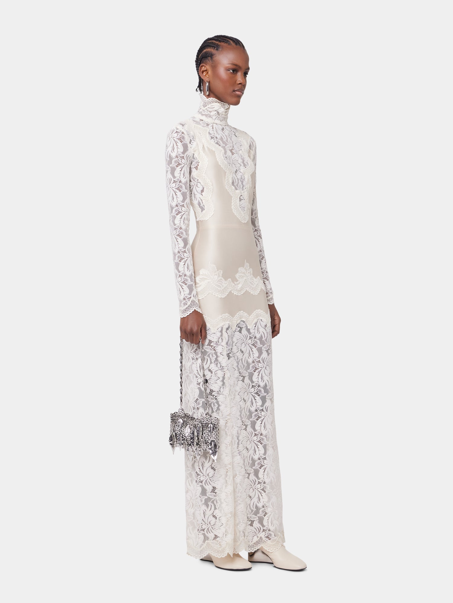Ivory long dress in lace and jersey – Rabanne