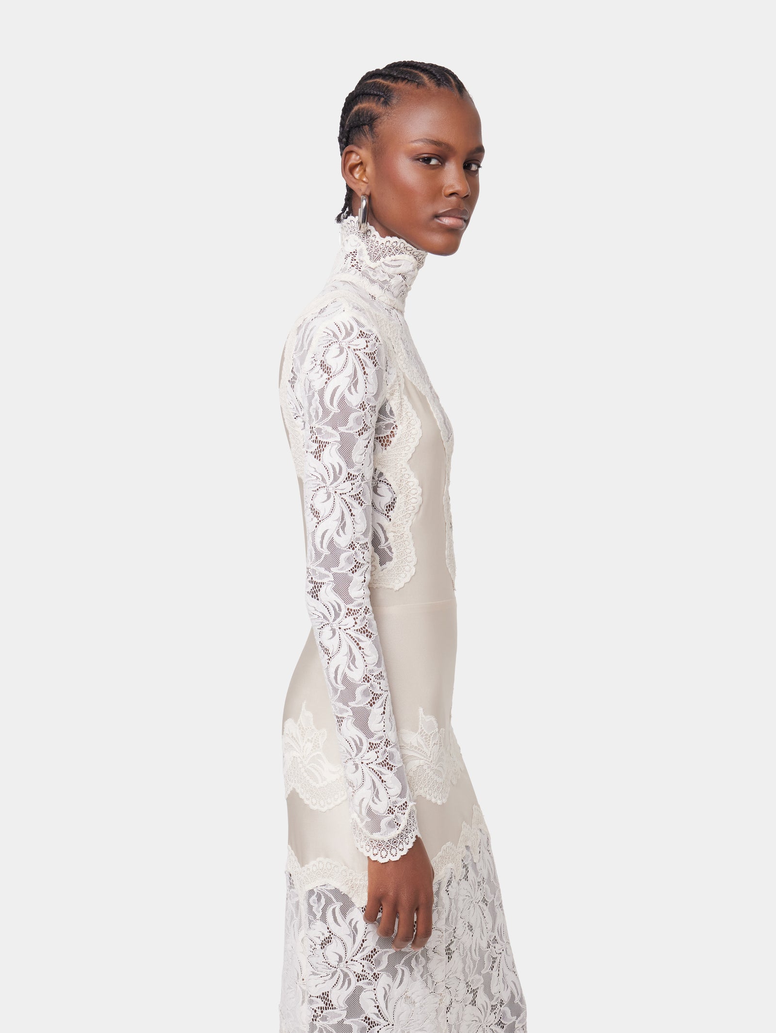 IVORY LONG DRESS IN LACE AND JERSEY | Rabanne